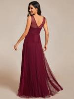 China Elegant V-neck Floor-length Appliqued Zipper Two Straps A-line Grey Crepe Tulle Evening Dress for sale