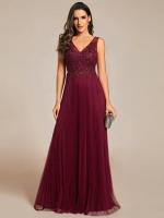 China Elegant V-neck Floor-length Appliqued Zipper Two Straps A-line Grey Crepe Tulle Evening Dress for sale