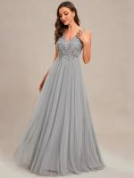 China Elegant V-neck Floor-length Appliqued Zipper Two Straps A-line Grey Crepe Tulle Evening Dress for sale