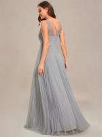China Elegant V-neck Floor-length Appliqued Zipper Two Straps A-line Grey Crepe Tulle Evening Dress for sale