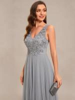China Elegant V-neck Floor-length Appliqued Zipper Two Straps A-line Grey Crepe Tulle Evening Dress for sale