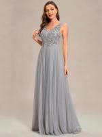 China Elegant V-neck Floor-length Appliqued Zipper Two Straps A-line Grey Crepe Tulle Evening Dress for sale