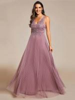 China Elegant V-neck Floor-length Appliqued Zipper Two Straps A-line Burgundy Crepe Tulle Party Dress for sale