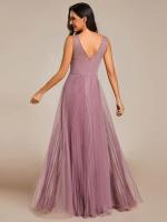 China Elegant V-neck Floor-length Appliqued Zipper Two Straps A-line Burgundy Crepe Tulle Party Dress for sale