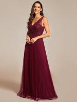 China Elegant V-neck Floor-length Appliqued Zipper Two Straps A-line Burgundy Crepe Tulle Party Dress for sale