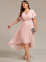 China Empire Plus Size V-neck High-low A-line Short Sleeve Ruffled Dusty Navy Chiffon Wedding Guest Evening Dress for sale