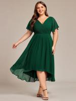 China Empire Plus Size V-neck High-low A-line Short Sleeve Ruffled Dusty Navy Chiffon Wedding Guest Evening Dress for sale