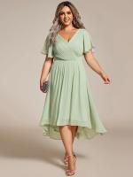 China Empire Plus Size V-neck High-low A-line Short Sleeve Ruffled Dusty Navy Chiffon Wedding Guest Evening Dress for sale