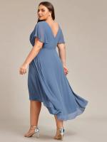 China Empire Plus Size V-neck High-low A-line Short Sleeve Ruffled Dusty Navy Chiffon Wedding Guest Evening Dress for sale