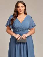 China Empire Plus Size V-neck High-low A-line Short Sleeve Ruffled Dusty Navy Chiffon Wedding Guest Evening Dress for sale