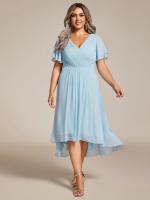 China Empire Plus Size V-neck High-low A-line Short Sleeve Ruffled Mint Green Chiffon Wedding Guest Evening Dress for sale