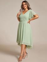 China Empire Plus Size V-neck High-low A-line Short Sleeve Ruffled Mint Green Chiffon Wedding Guest Evening Dress for sale
