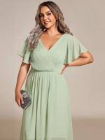 China Empire Plus Size V-neck High-low A-line Short Sleeve Ruffled Mint Green Chiffon Wedding Guest Evening Dress for sale