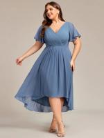 China Empire Plus Size V-neck High-low A-line Short Sleeve Ruffled Dark Green Chiffon Wedding Guest Evening Dress for sale