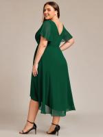 China Empire Plus Size V-neck High-low A-line Short Sleeve Ruffled Dark Green Chiffon Wedding Guest Evening Dress for sale