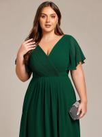 China Empire Plus Size V-neck High-low A-line Short Sleeve Ruffled Dark Green Chiffon Wedding Guest Evening Dress for sale