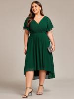 China Empire Plus Size V-neck High-low A-line Short Sleeve Ruffled Dark Green Chiffon Wedding Guest Evening Dress for sale