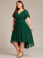 China Empire Plus Size V-neck High-low A-line Short Sleeve Ruffled Dark Green Chiffon Wedding Guest Evening Dress for sale