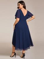 China Empire Plus Size V-neck High-low A-line Short Sleeve Ruffled Navy Blue Chiffon Wedding Guest Bridesmaid Dress for sale