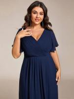 China Empire Plus Size V-neck High-low A-line Short Sleeve Ruffled Navy Blue Chiffon Wedding Guest Bridesmaid Dress for sale