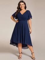 China Empire Plus Size V-neck High-low A-line Short Sleeve Ruffled Navy Blue Chiffon Wedding Guest Bridesmaid Dress for sale