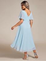 China Empire Plus Size V-neck High-low A-line Short Sleeve Ruffled Sky Blue Chiffon Wedding Guest Bridesmaid Dress for sale