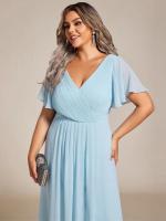 China Empire Plus Size V-neck High-low A-line Short Sleeve Ruffled Sky Blue Chiffon Wedding Guest Bridesmaid Dress for sale