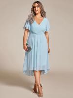 China Empire Plus Size V-neck High-low A-line Short Sleeve Ruffled Sky Blue Chiffon Wedding Guest Bridesmaid Dress for sale