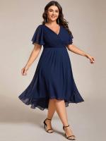 China Empire Plus Size V-neck High-low A-line Short Sleeve Ruffled Pink Chiffon Wedding Guest Party Dress for sale