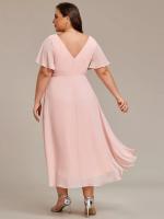 China Empire Plus Size V-neck High-low A-line Short Sleeve Ruffled Pink Chiffon Wedding Guest Party Dress for sale