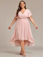 China Empire Plus Size V-neck High-low A-line Short Sleeve Ruffled Pink Chiffon Wedding Guest Party Dress for sale
