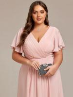 China Empire Plus Size V-neck High-low A-line Short Sleeve Ruffled Pink Chiffon Wedding Guest Party Dress for sale