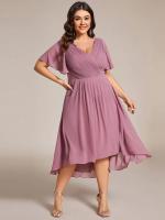 China Empire Plus Size V-neck High-low A-line Short Sleeve Ruffled Lavender Chiffon Wedding Guest Party Dress for sale