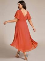 China Empire Plus Size V-neck High-low A-line Short Sleeve Ruffled Burnt Orange Chiffon Wedding Guest Prom Dress for sale