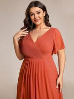 China Empire Plus Size V-neck High-low A-line Short Sleeve Ruffled Burnt Orange Chiffon Wedding Guest Prom Dress for sale