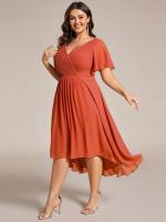 China Empire Plus Size V-neck High-low A-line Short Sleeve Ruffled Burnt Orange Chiffon Wedding Guest Prom Dress for sale