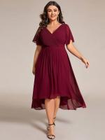 China Empire Plus Size V-neck High-low A-line Short Sleeve Ruffled Burgundy Chiffon Wedding Guest Prom Dress for sale