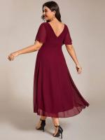 China Empire Plus Size V-neck High-low A-line Short Sleeve Ruffled Burgundy Chiffon Wedding Guest Prom Dress for sale