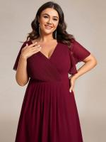 China Empire Plus Size V-neck High-low A-line Short Sleeve Ruffled Burgundy Chiffon Wedding Guest Prom Dress for sale