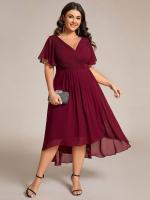 China Empire Plus Size V-neck High-low A-line Short Sleeve Ruffled Burgundy Chiffon Wedding Guest Prom Dress for sale
