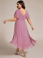 China Empire Plus Size V-neck High-low A-line Short Sleeve Ruffled Purple Orchid Chiffon Wedding Guest Graduation Dress for sale