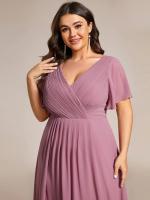 China Empire Plus Size V-neck High-low A-line Short Sleeve Ruffled Purple Orchid Chiffon Wedding Guest Graduation Dress for sale