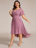 China Empire Plus Size V-neck High-low A-line Short Sleeve Ruffled Purple Orchid Chiffon Wedding Guest Graduation Dress for sale