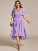 China Empire Plus Size V-neck High-low A-line Short Sleeve Ruffled White Chiffon Wedding Guest Graduation Dress for sale