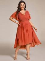 China Empire Plus Size V-neck High-low A-line Short Sleeve Ruffled White Chiffon Wedding Guest Graduation Dress for sale