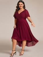 China Empire Plus Size V-neck High-low A-line Short Sleeve Ruffled White Chiffon Wedding Guest Graduation Dress for sale