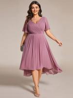 China Empire Plus Size V-neck High-low A-line Short Sleeve Ruffled White Chiffon Wedding Guest Graduation Dress for sale