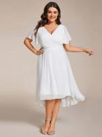 China Empire Plus Size V-neck High-low A-line Short Sleeve Ruffled White Chiffon Wedding Guest Graduation Dress for sale