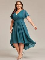 China Empire Plus Size V-neck High-low A-line Short Sleeve Ruffled Black Chiffon Wedding Guest Cocktail Dress for sale