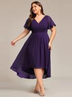 China Empire Plus Size V-neck High-low A-line Short Sleeve Ruffled Black Chiffon Wedding Guest Cocktail Dress for sale